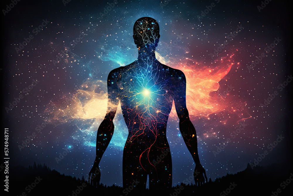 Astral body silhouette with abstract space background. Esoteric ...
