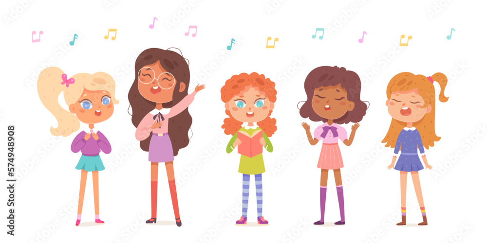 Children sing song to music set vector illustration. Cartoon isolated ...