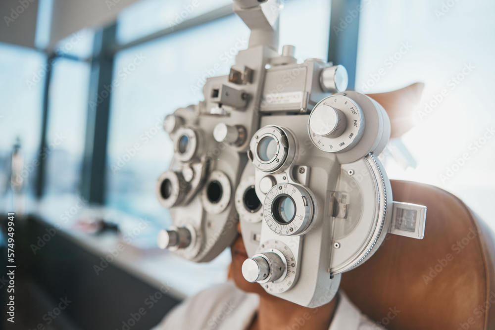 Ophthalmology phoropter, patient consultation or eye exam for vision ...