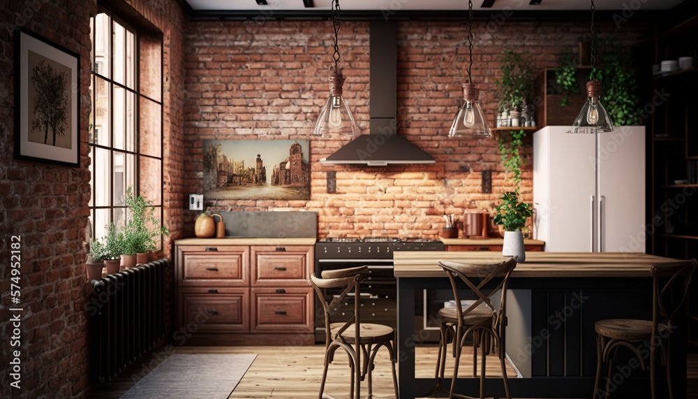 modern, contemporary, beautiful kitchen with natural brick walls for a ...