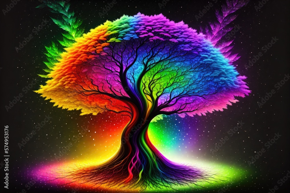 Rainbow tree isolated in front of black background by Generative AI ...