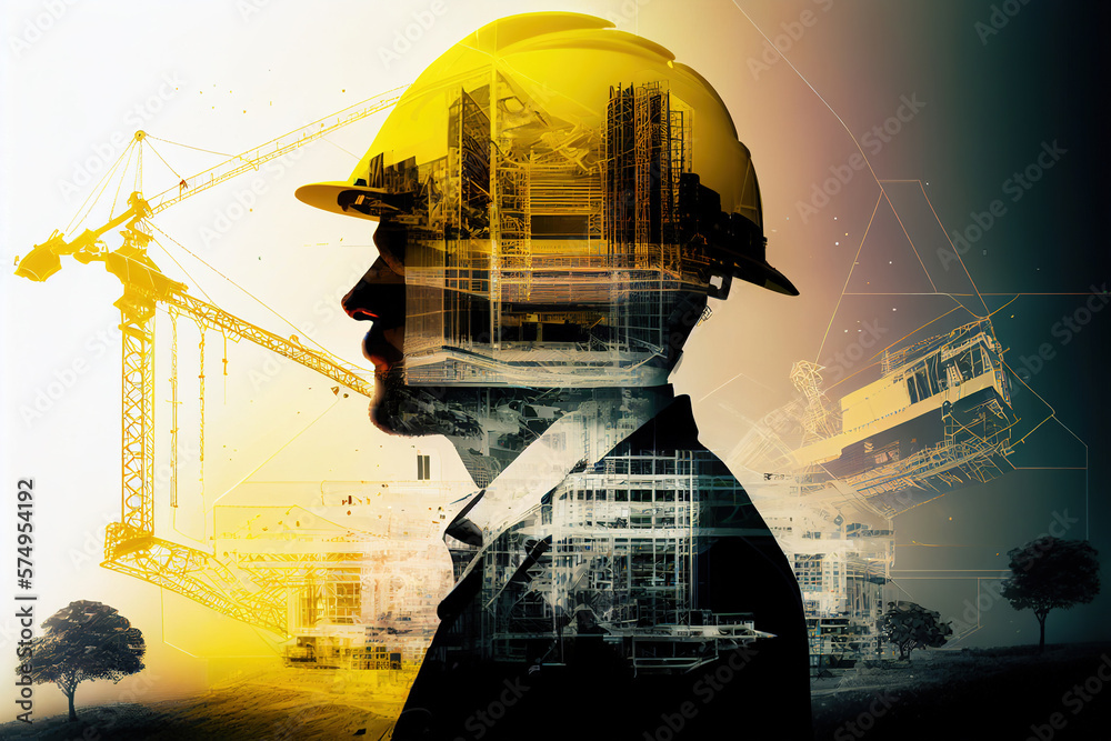 In A Visionary Depiction Of Future Building Construction Engineering A Double Exposure Graphic
