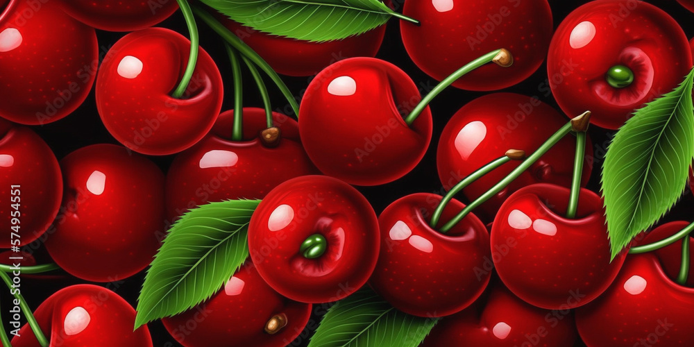 Beautiful cartoonish background of red cherries with leaves, viewed ...