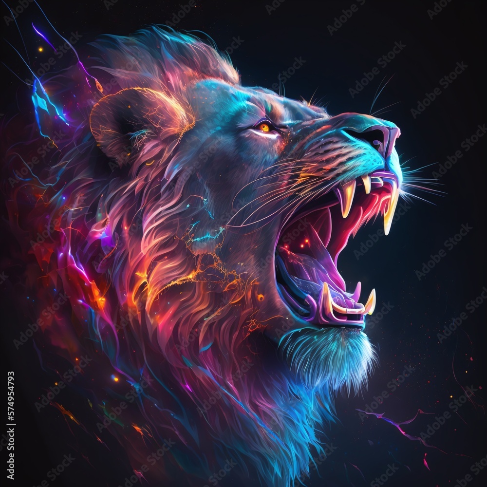 Angry Lion Portrait Rendered with Lots of Futuristic Colors and Effects ...