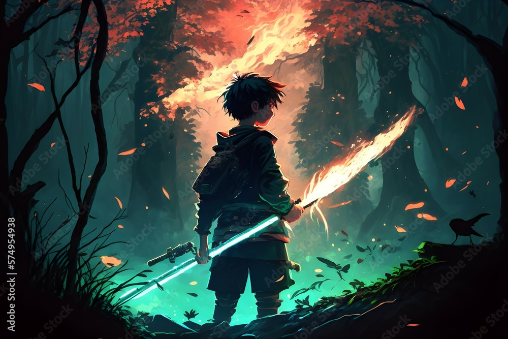 Anime boy with magic sword Stock Illustration | Adobe Stock