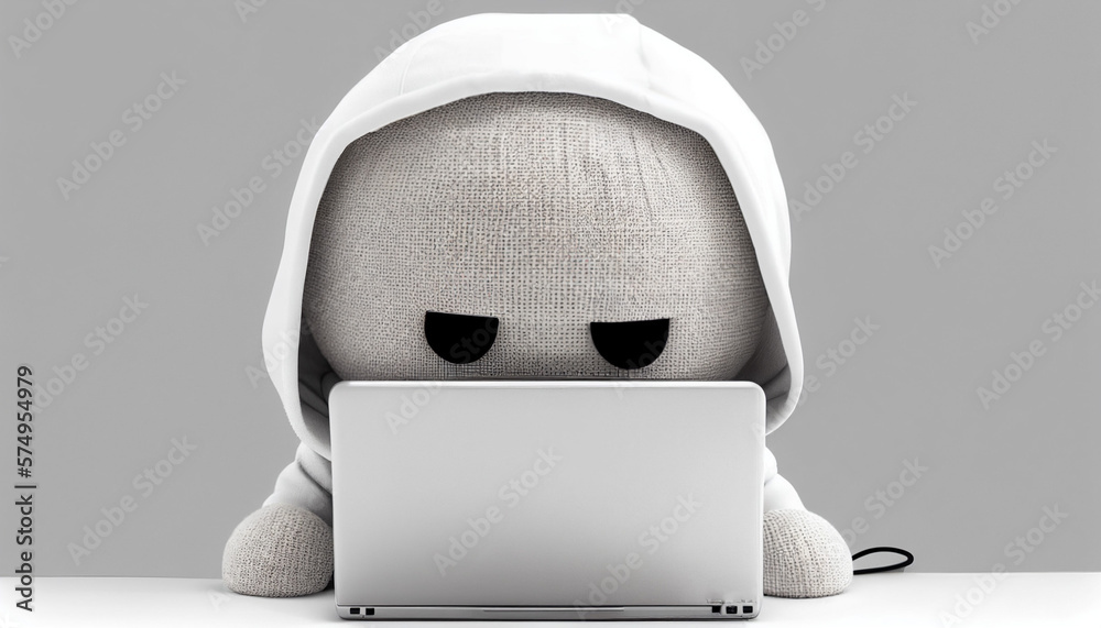 Cute anonymous hacker with white hoodie typing computer laptop. Concept ...