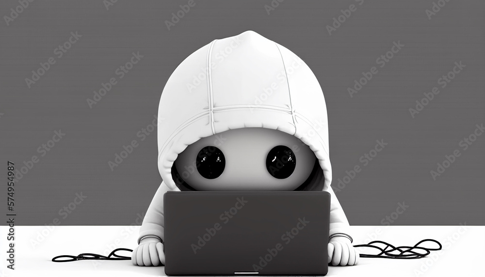 Cute anonymous hacker with white hoodie typing computer laptop. Concept of ethical hacking ...