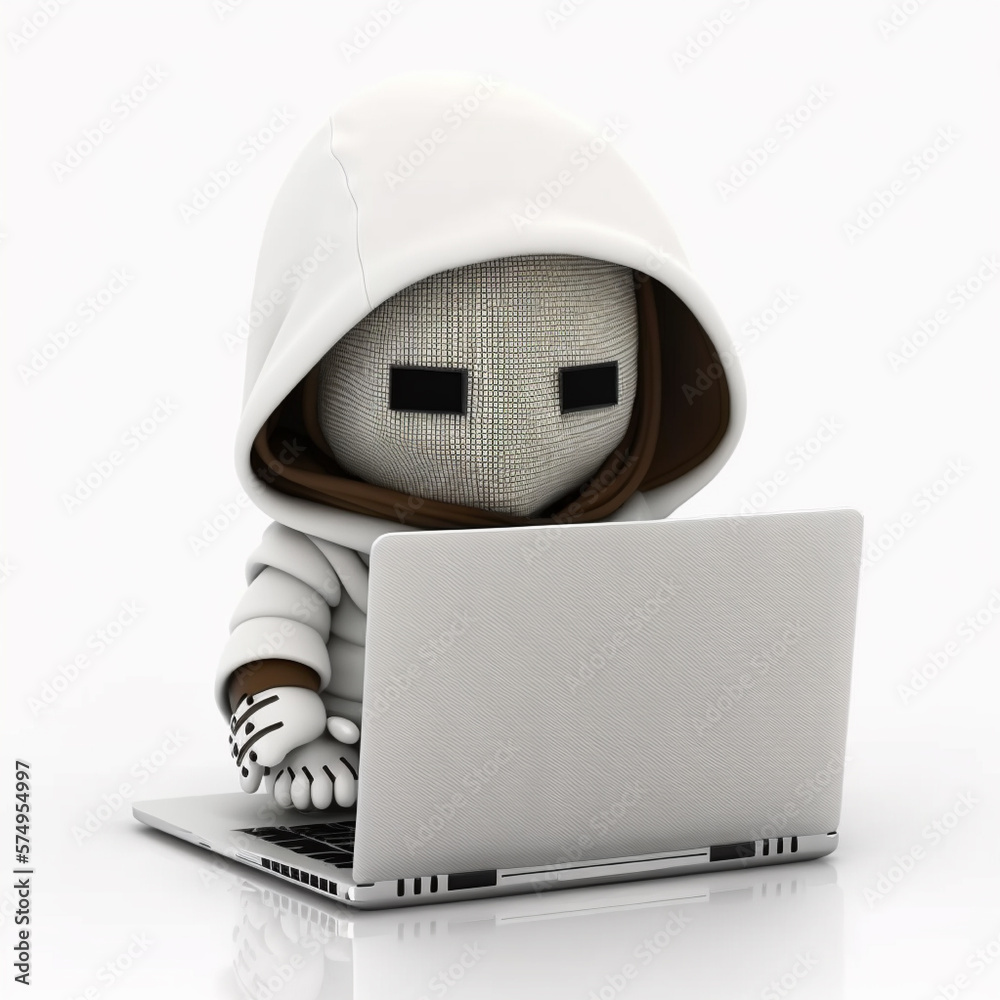 Cute anonymous hacker with white hoodie typing computer laptop. Concept of ethical hacking ...