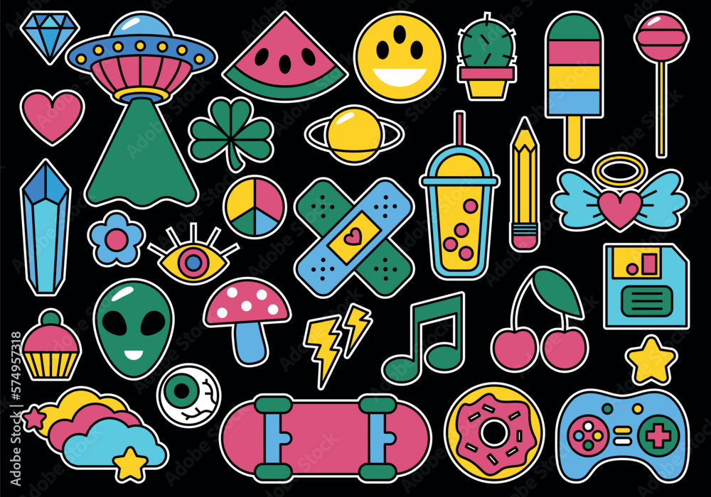 Collection of vintage groovy elements and characters. Retro character ...