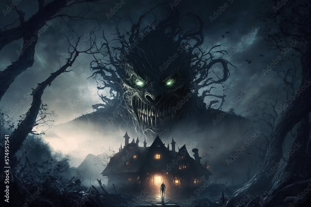 Haunted house, dark and scary house with big horror face , generative ai Stock Illustration ...