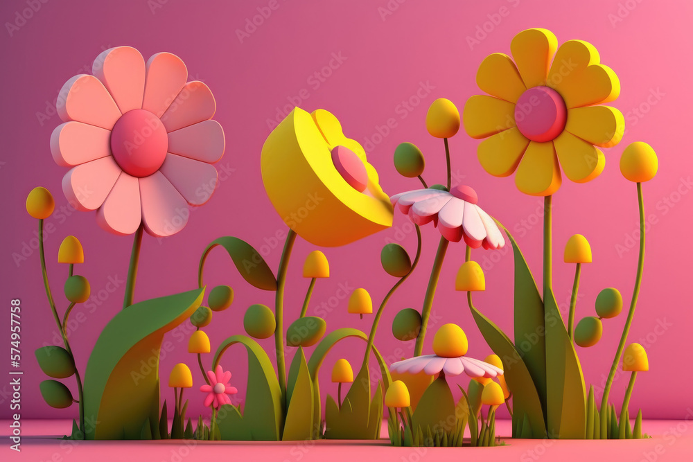 Cartoon 3d spring flowers, daises on pink background. Mother's day, 8 ...