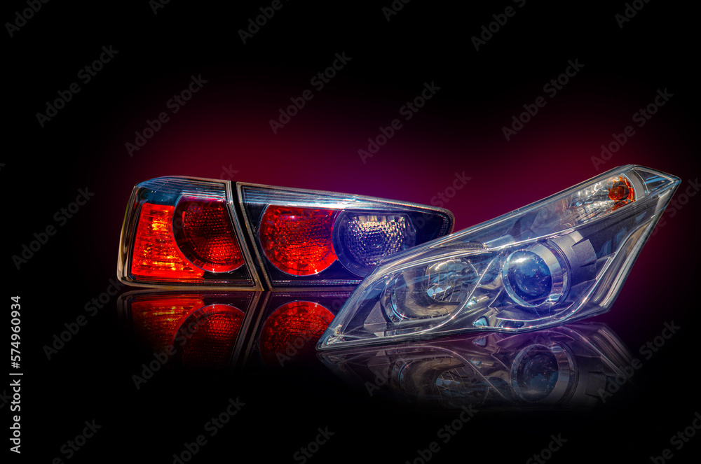 Front and rear lights, cars, isolated cutout background, white ...