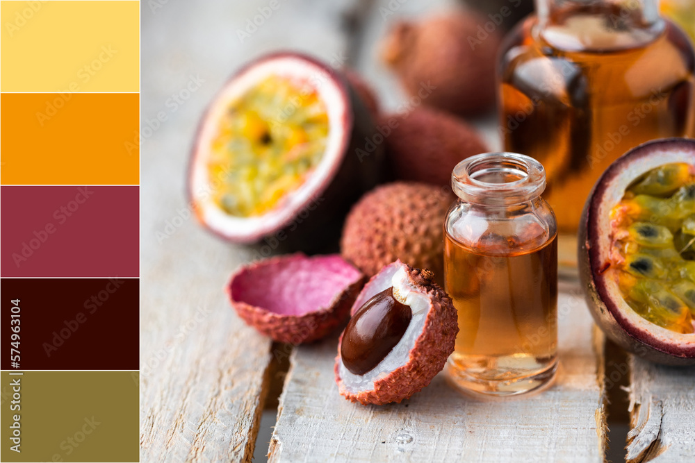 Design palette inspired by colourful exotic fruits and bottle of ...
