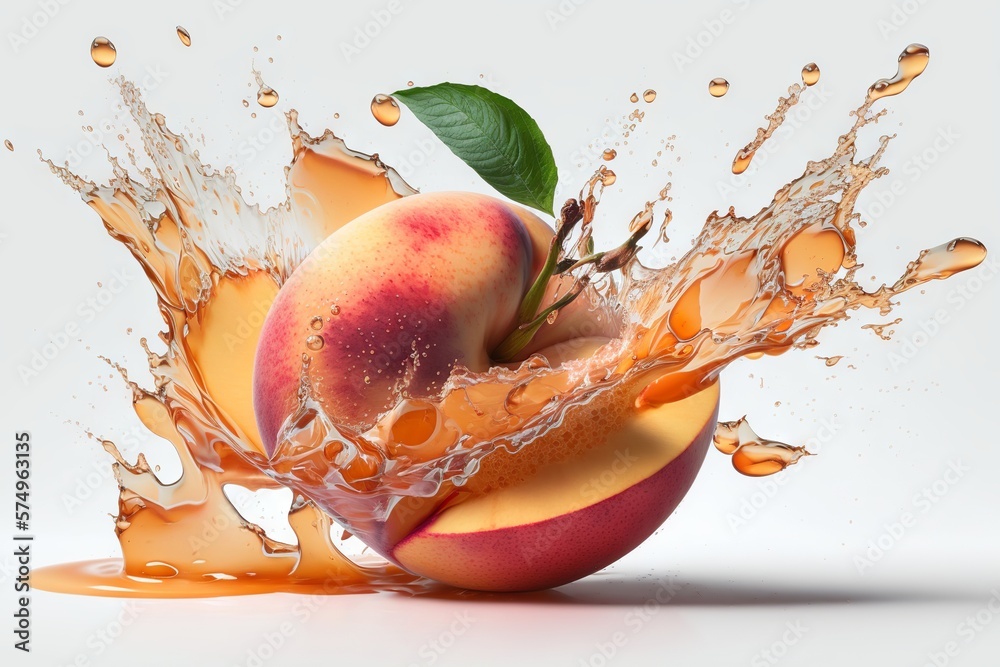 Peach fruit with juice splash on white background. Generative AI Stock ...