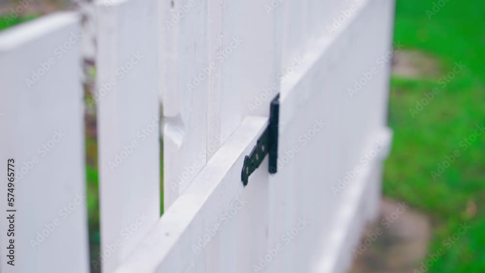 White neat wooden fence on a private plot. Stylish fence with a door ...