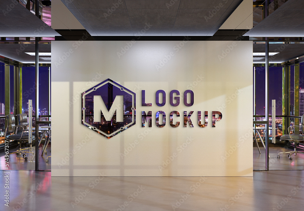 3D Reflective Logo Mockup On Office Wall at Night Stock Template ...