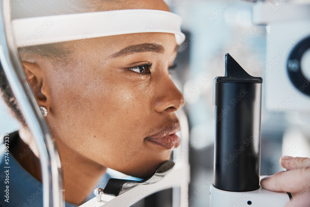 Ophthalmology, eyecare and woman doing eye test at a clinic for optic ...