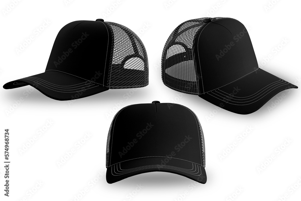 Trucker black cap with black visor realistic mockup front and side view ...