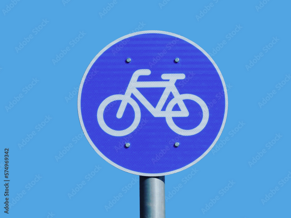 isolated blue circular bicycle route road and traffic sign. white ...