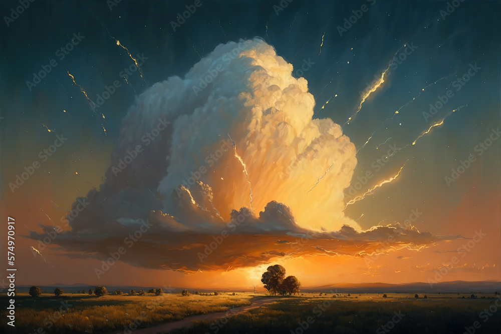painting depicts a horizontal cloud illuminated by the last rays of the setting sun, art ...