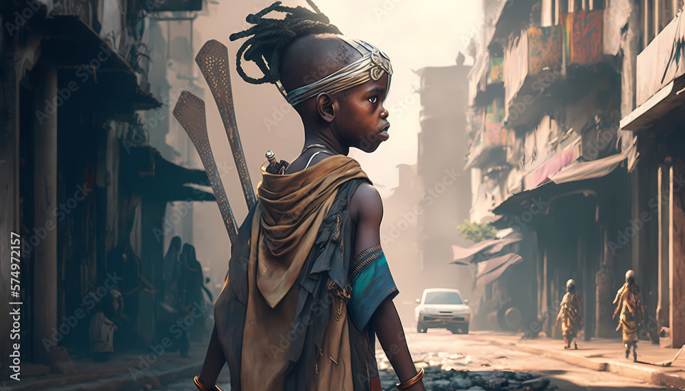 A child from an African tribe in a big city. Generative AI. Stock ...