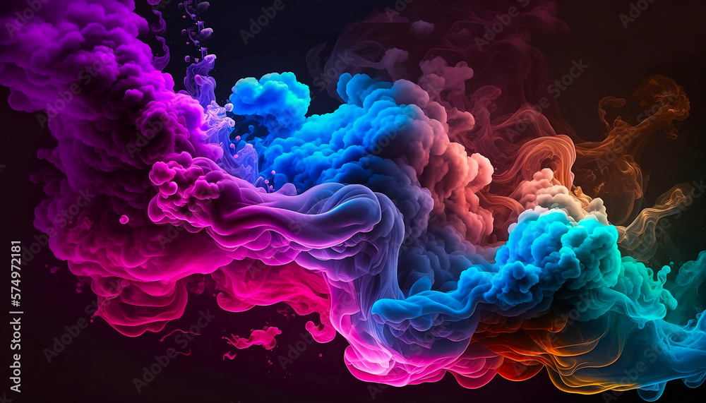 Multicolored neon clouds of smoke on a dark background. design elements ...