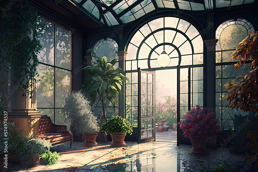 Beautiful large conservatory with beautiful plants and flowers, old ...