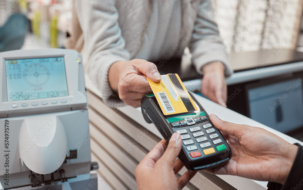 Hands, credit card and machine for payment, ecommerce or banking ...