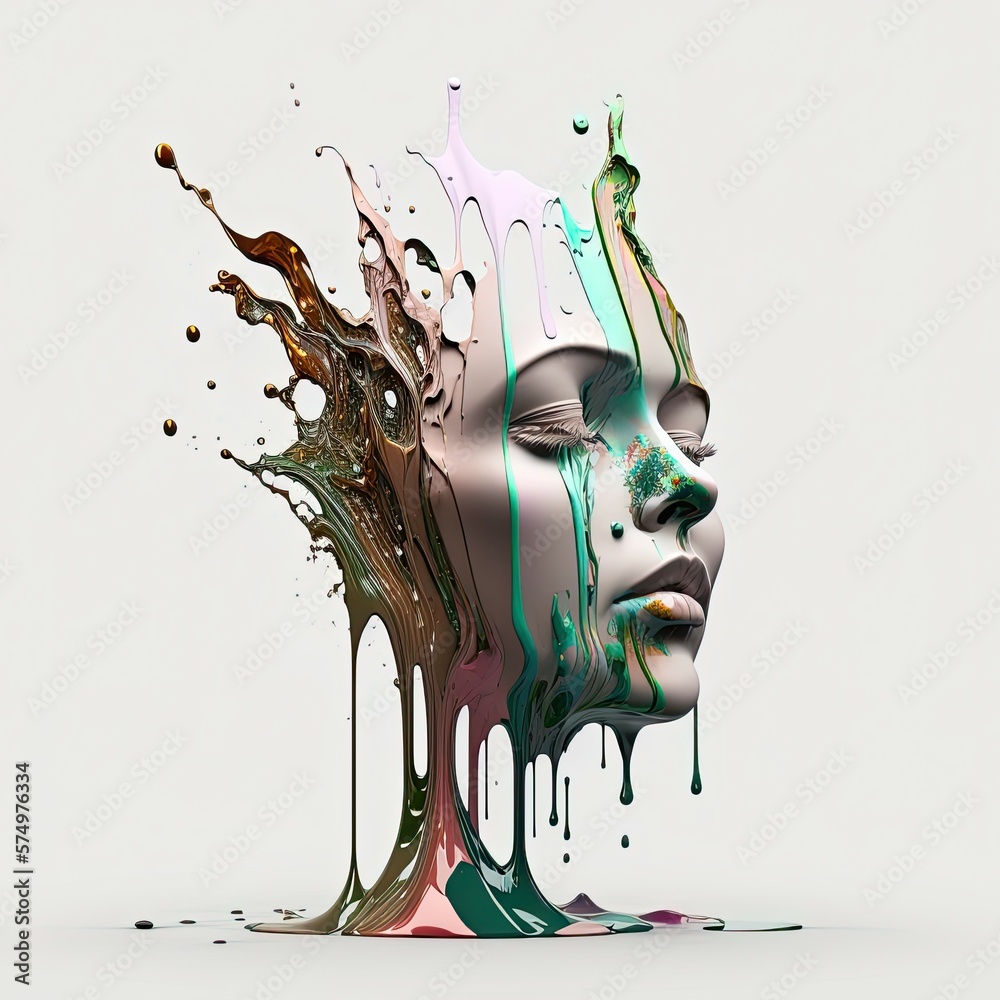 Fictional character, face dripping and melting with liquid paint ...