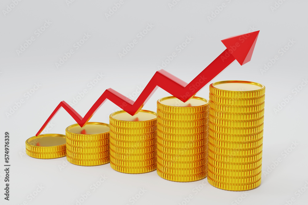 Rising up line graph with gold coins stacking. 3D rendering Stock ...