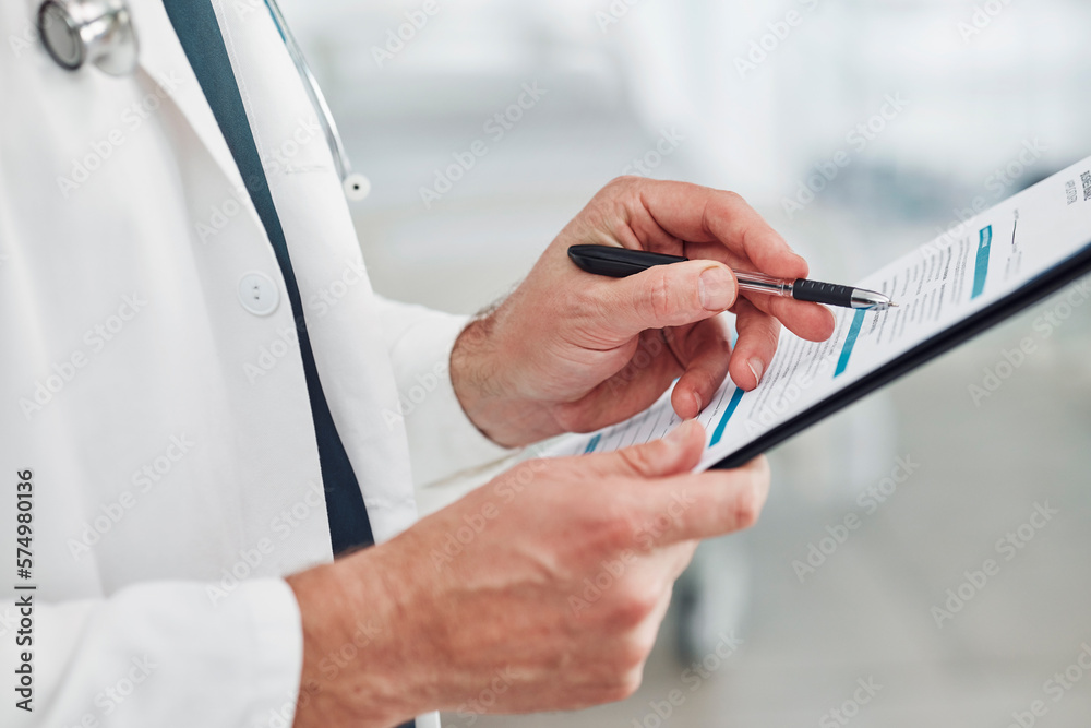 Doctor, reading or hands writing checklist for healthcare consulting ...