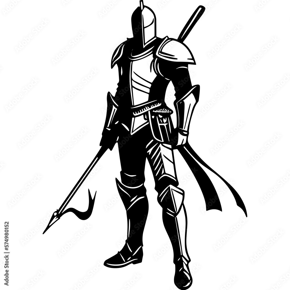 Medieval Knight: A Monochrome Illustration of a Warrior in Armor ...