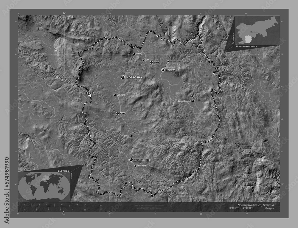 Notranjsko-kraska, Slovenia. Bilevel. Labelled points of cities Stock ...