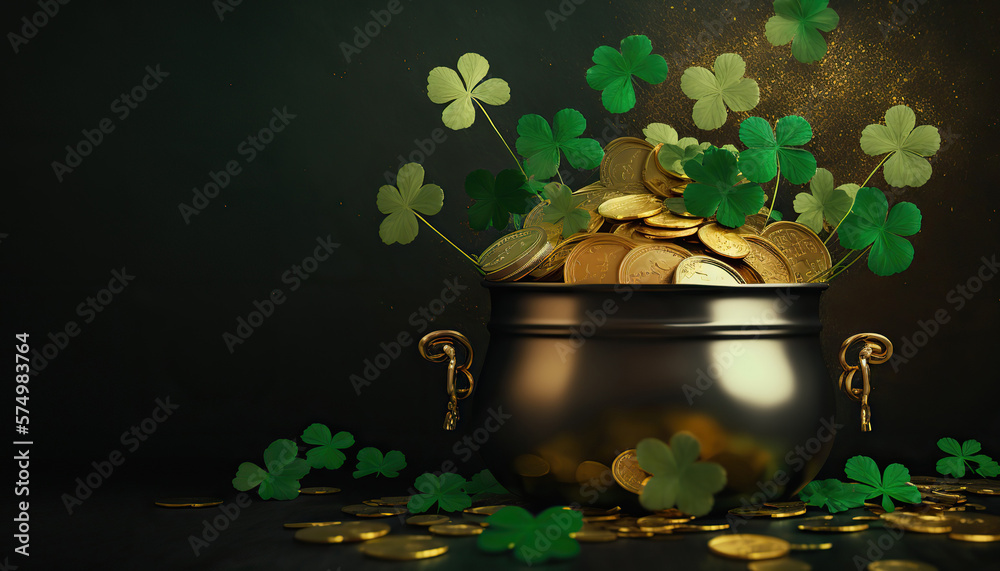 St. Patrick's day greeting card with pot full of golden coins and ...