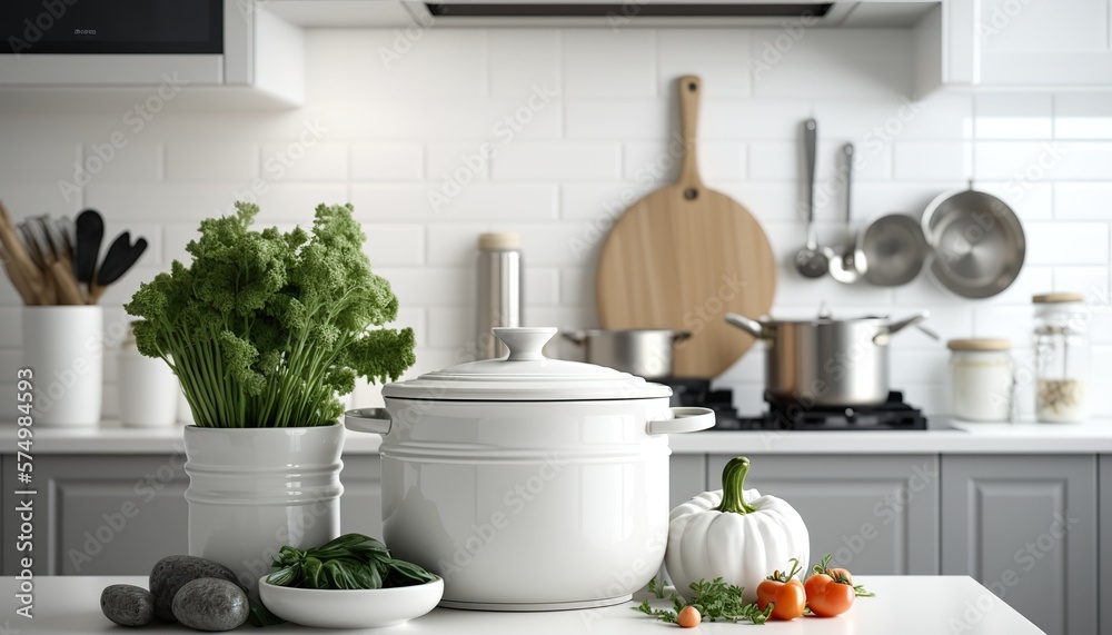 Spacious modern white kitchen interior with big casserole and other ...