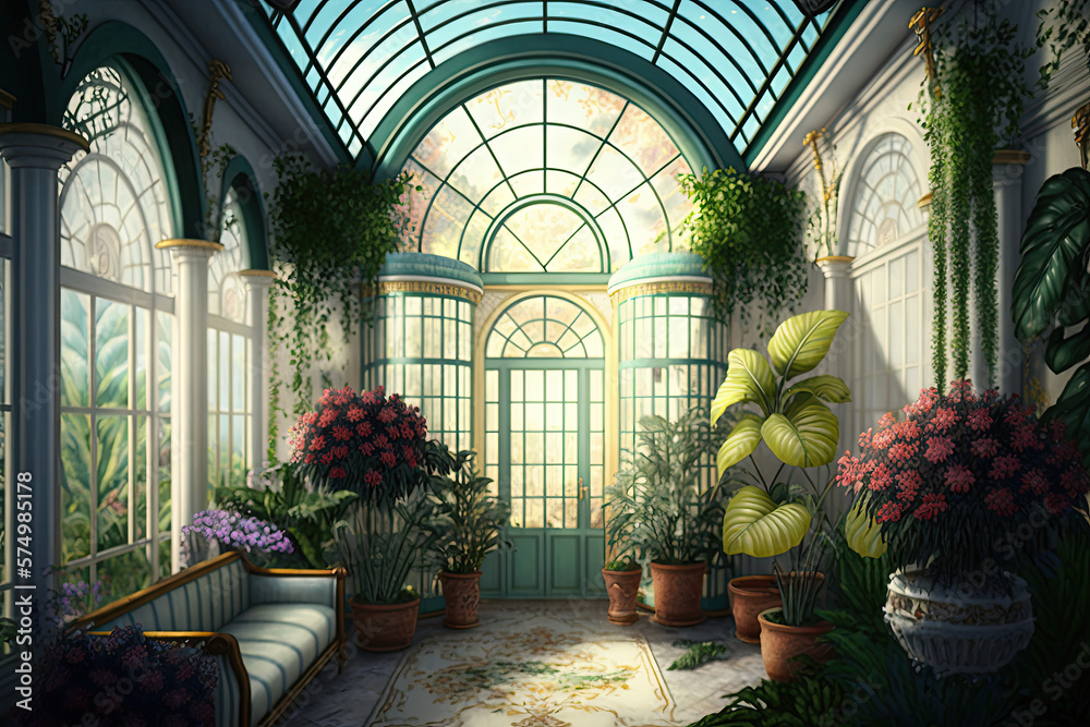 Beautiful large conservatory with beautiful plants and flowers, old ...
