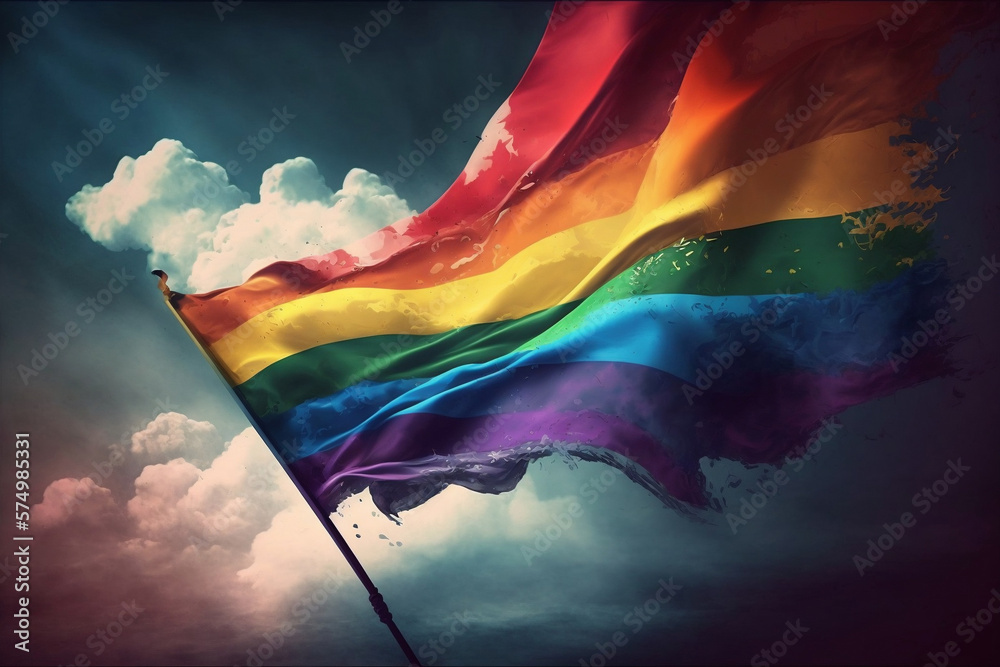 Generative AI of rainbow flag against a blue sky with clouds Stock ...