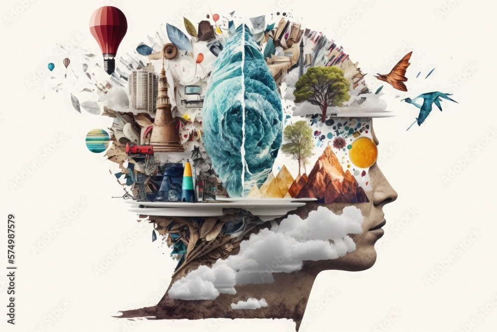 Creative mind. Concept of intelligence. Art collage on a white ...