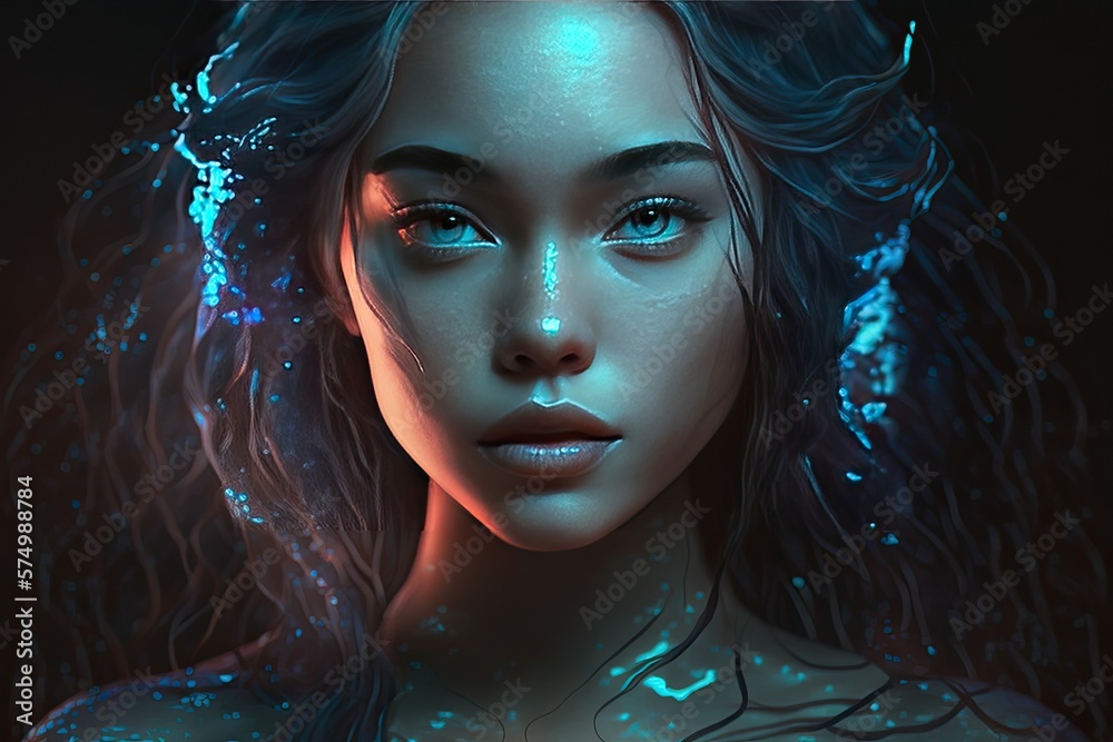 Beautiful illuminated symmetrical woman face. Perfect concept. Black ...