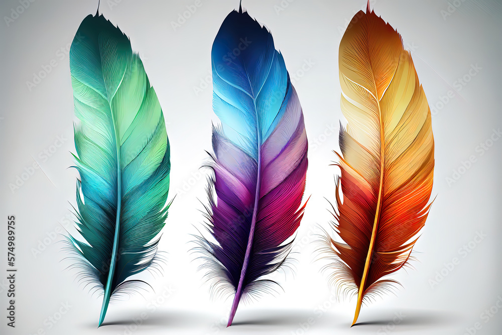 bird feather isolated on white background, mix color, realistic ...