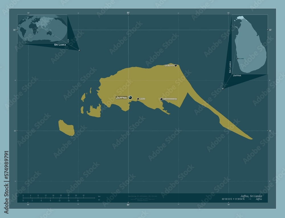 Jaffna, Sri Lanka. Solid. Labelled points of cities Stock Illustration ...