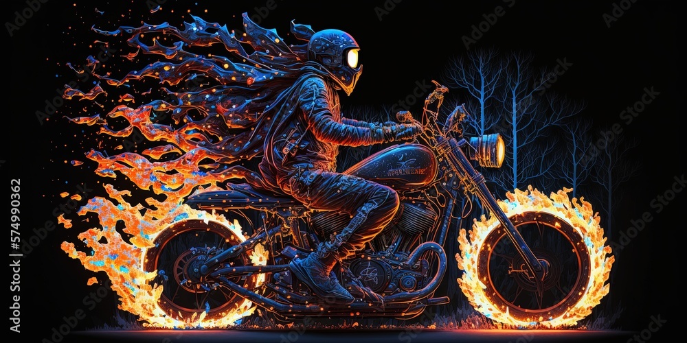 A terrifying ghostly biker riding a motorcycle with a fiery skeleton ...