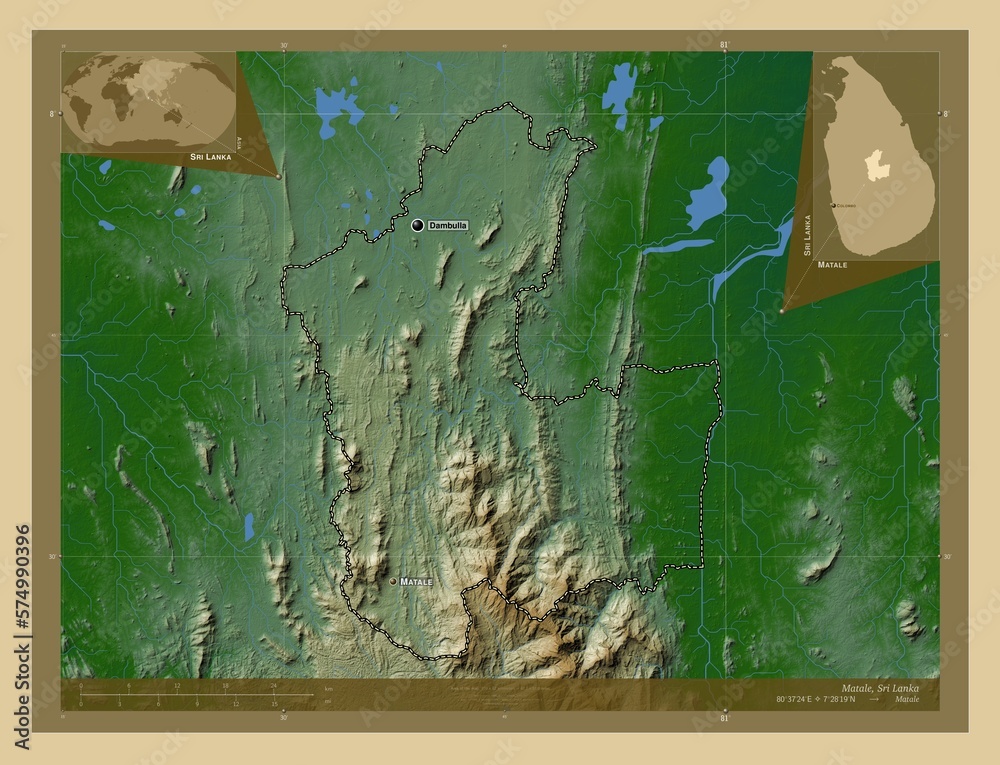 Matale, Sri Lanka. Physical. Labelled points of cities Stock ...