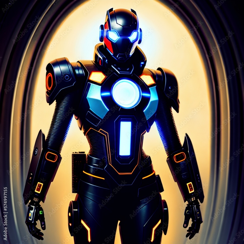 body shot of a robot with glowing eyes and its arms to the side Stock ...