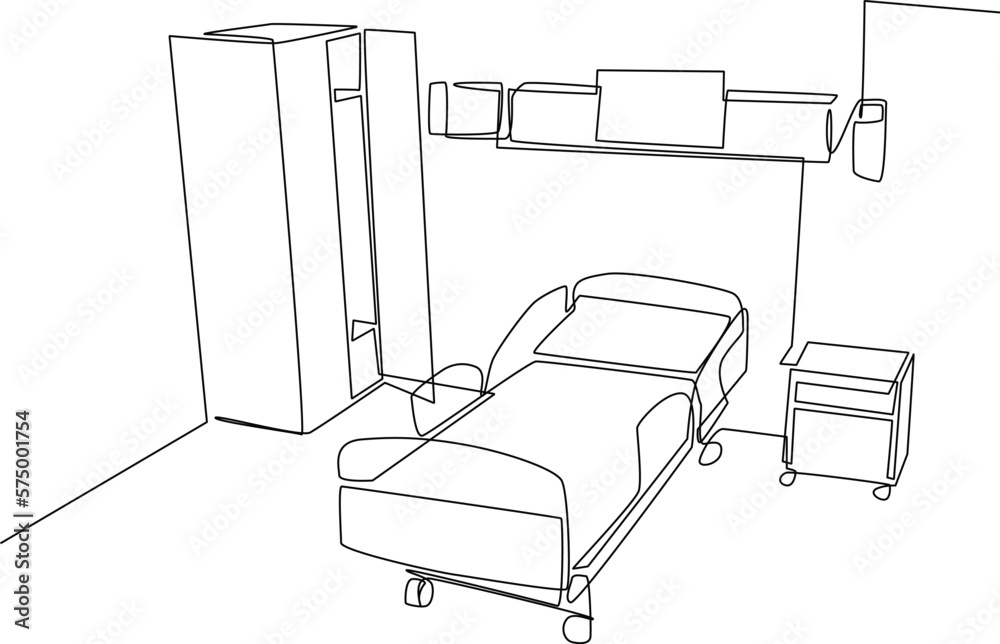 Single one line drawing Hospital room interior with bed and clinic ...