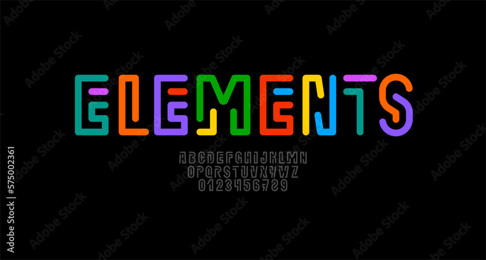 Bright font alphabet from multi-colored lines, game style letters and ...