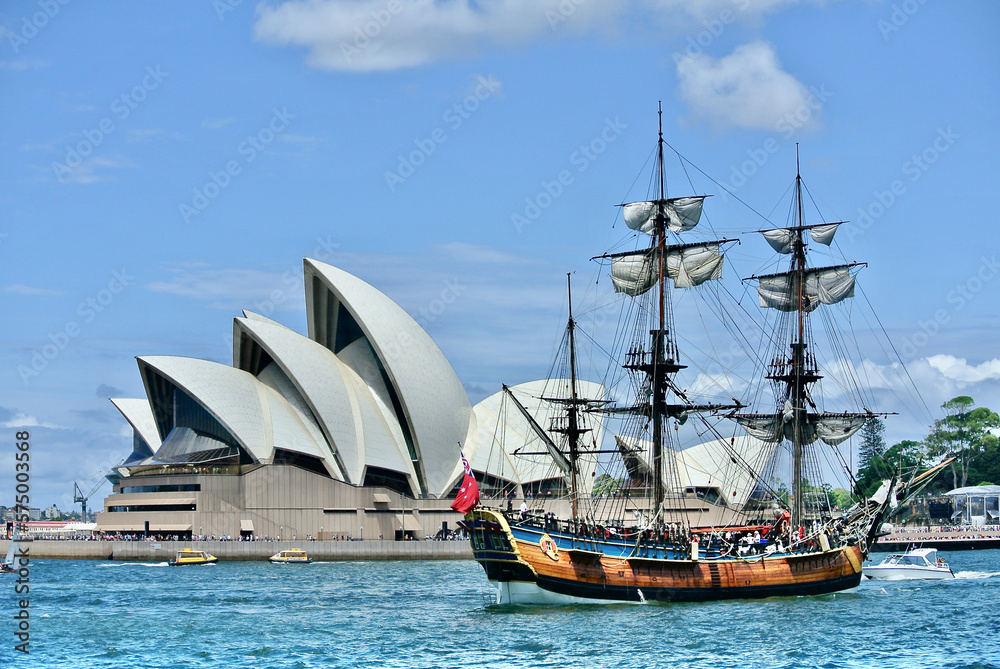 James Cook's sail boat (Endeavour) in front of the Opera House of ...