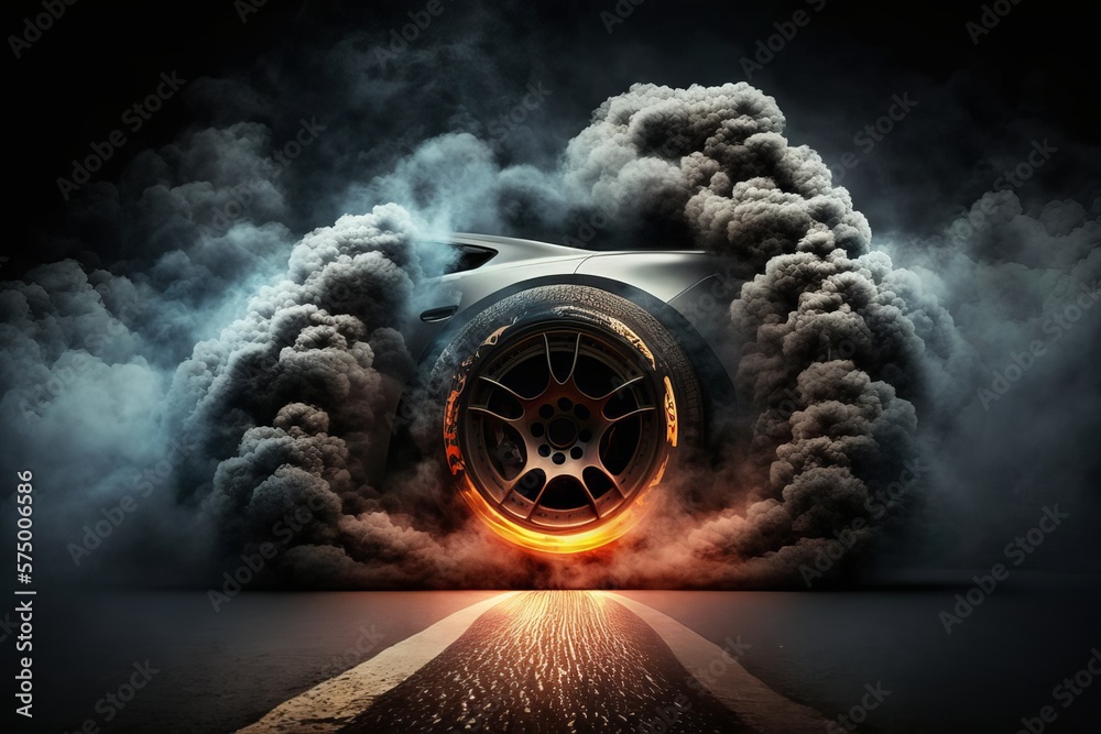 Car tires on fire on black background. Racing, speed theme. Generative ...