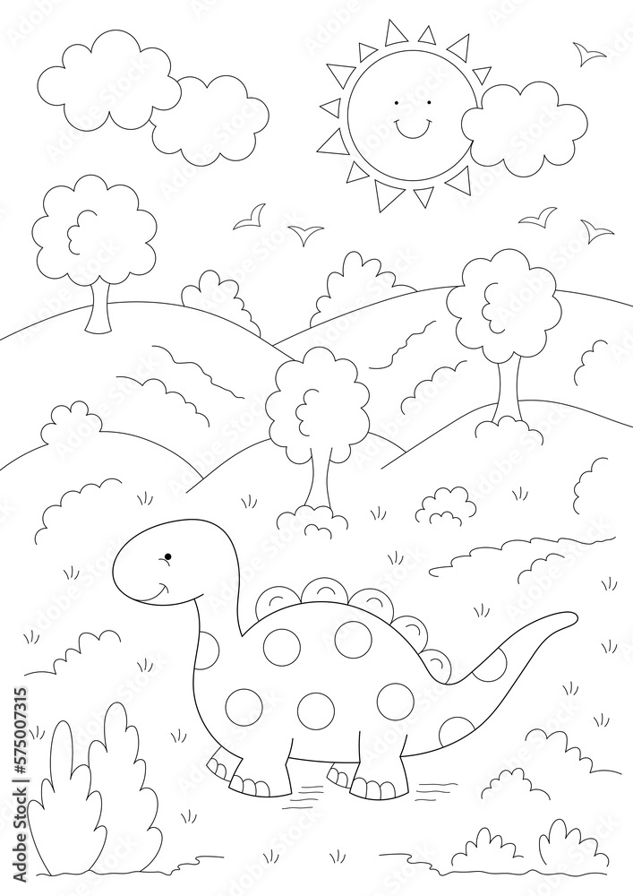 dinosaur, mountains and trees coloring page. you can print it on A4 ...