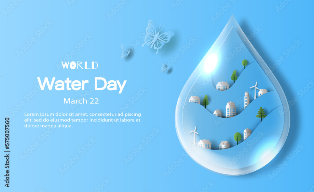World Water Day, save water, a water drop with a city inside. Paper ...